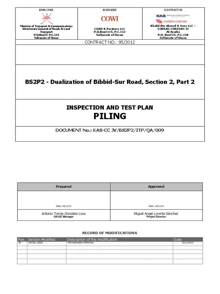 ITP For Piling | PDF | Specification (Technical Standard) | Deep Foundation