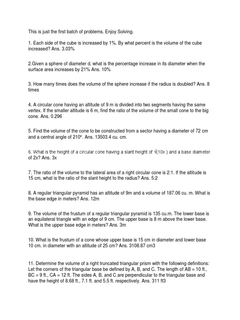 Solid Mensuration Problems | PDF | Volume | Triangle