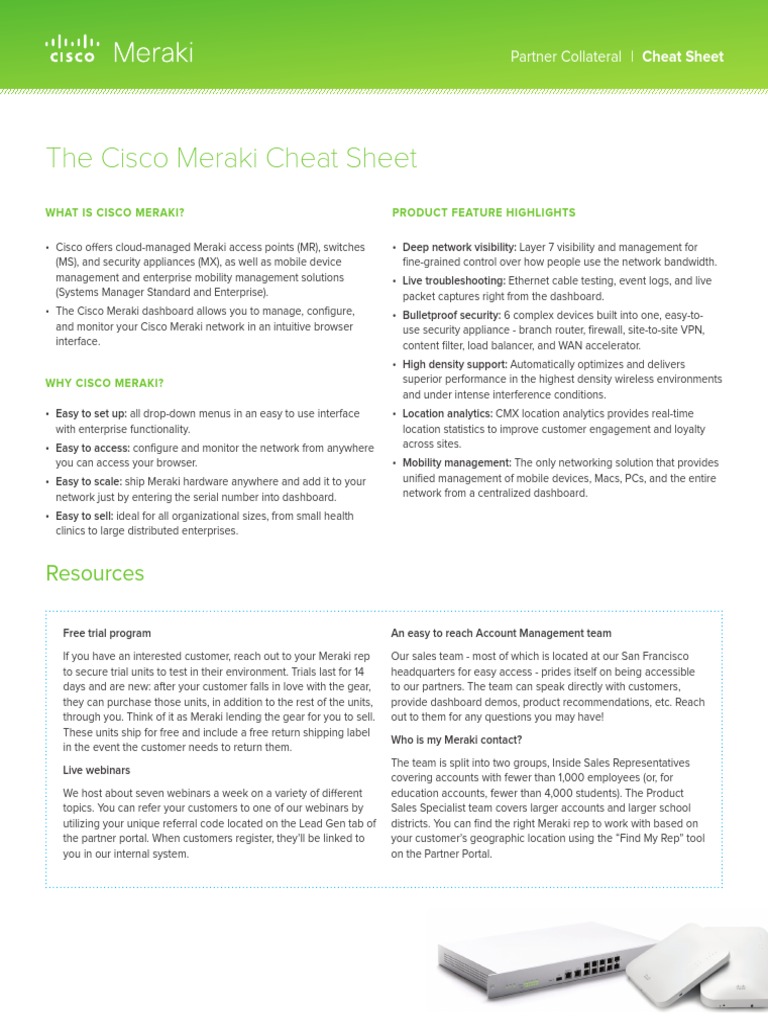 Cisco Meraki Cheat Sheet PDF | PDF | Cisco Systems | Computer Network