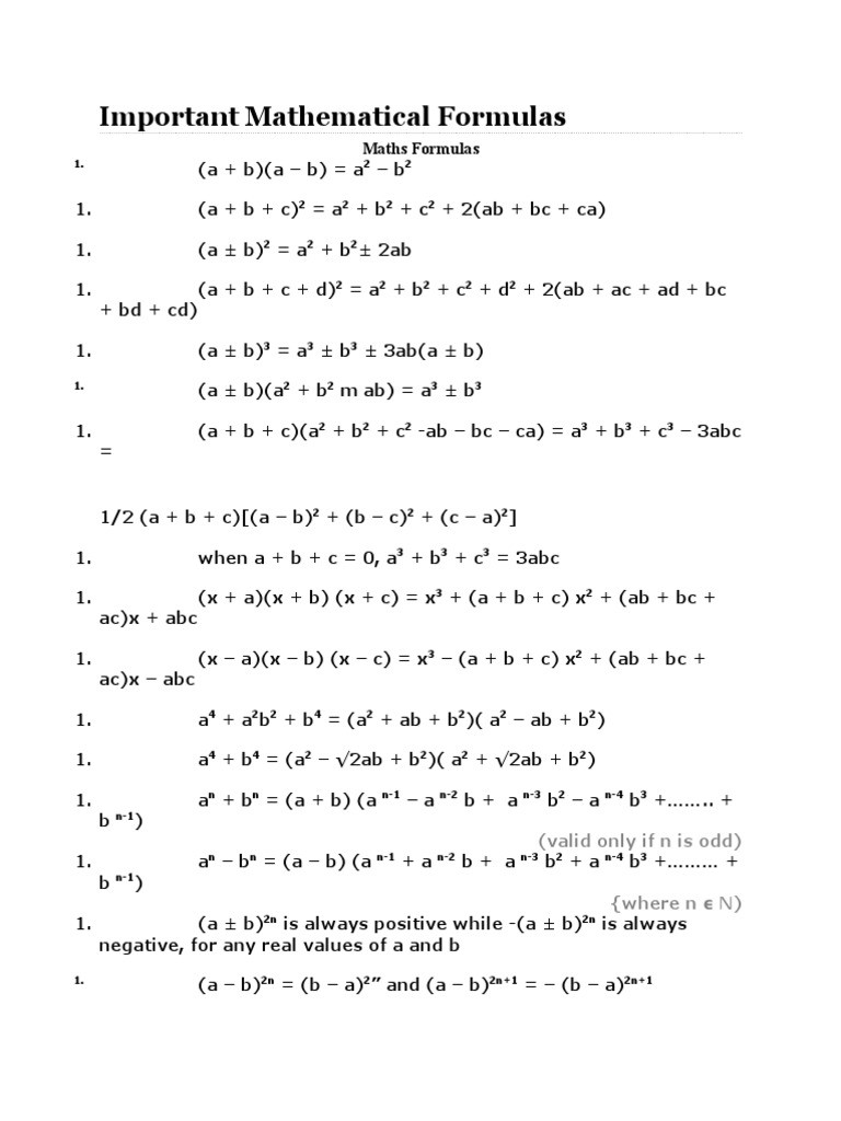 Important Mathematical Formulas | PDF | Teaching Methods & Materials