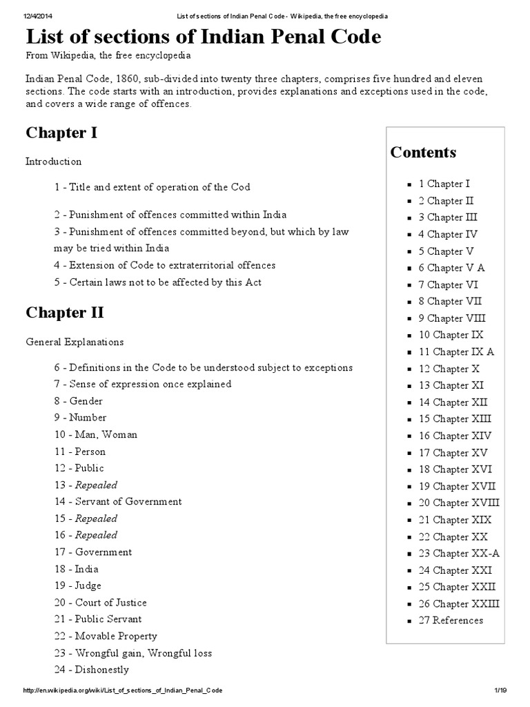 List of Sections of Indian Penal Code - Wikipedia, The Free ...