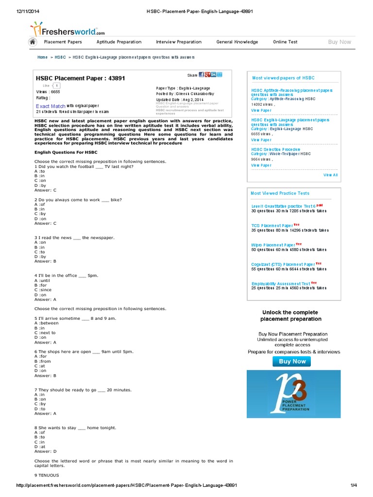 HSBC Placement Paper English Language | PDF | Test (Assessment) | Science