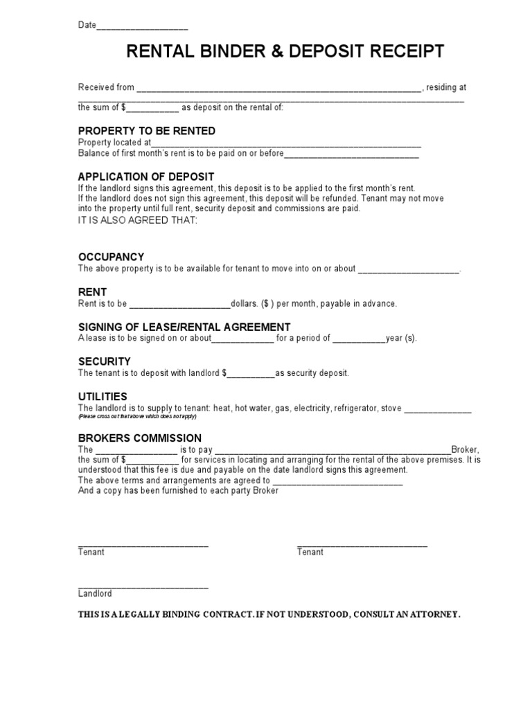 Rental Binder and Deposit Receipt Template | PDF | Finance & Money ...