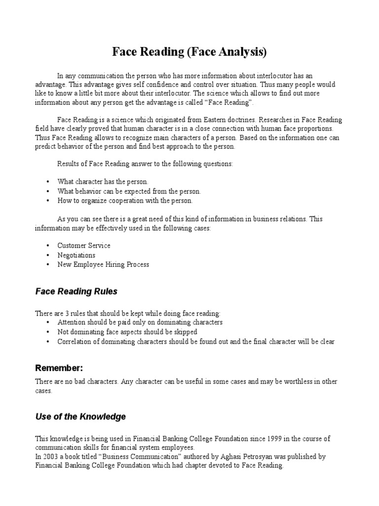 Face Reading Pdf Employment Science