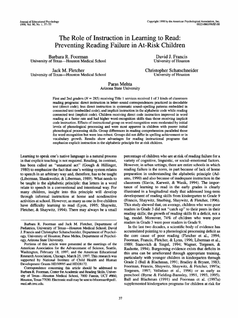 The Role of Instruction in Learning To Read: Preventing Reading Failure ...