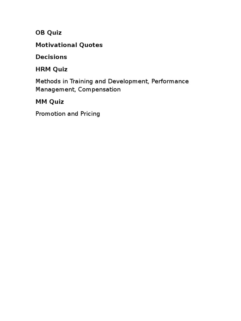 OB Quiz Motivational Quotes Decisions HRM Quiz: Methods in Training and ...