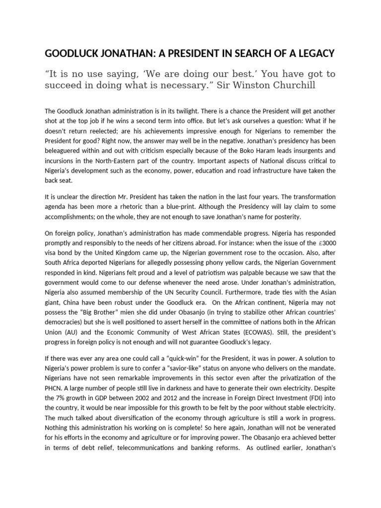 Goodluck Jonathan: A President in Search of A Legacy | PDF | Nigeria ...