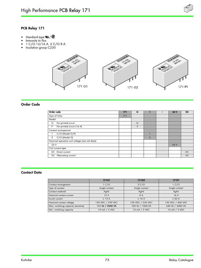 Specification Sheet for Kuhnke PCB Relay 171 - Provides Technical ...
