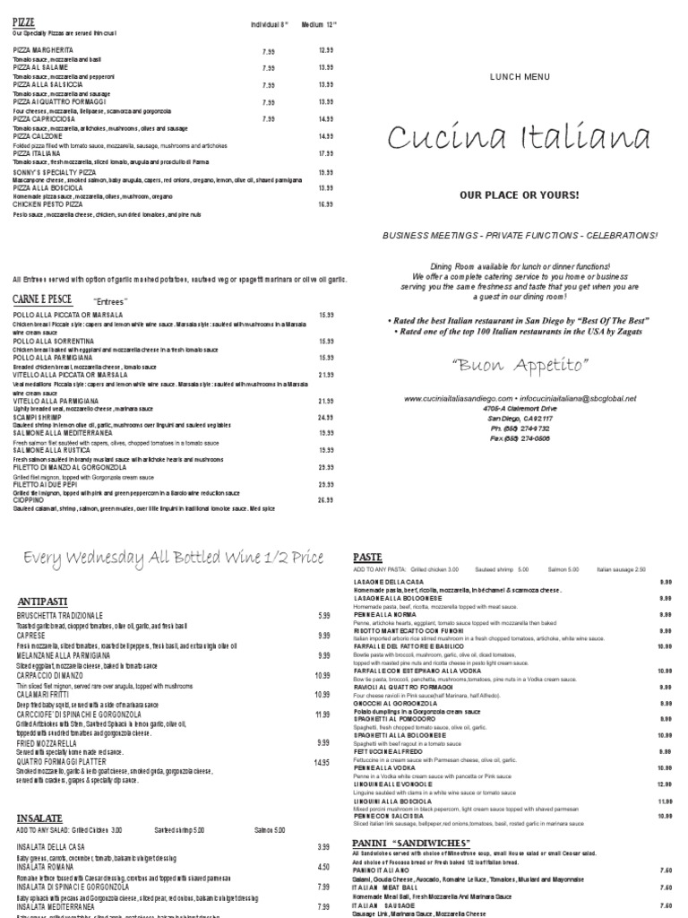 Italian Lunch Menu and Catering Options | PDF | Salad | Pizza