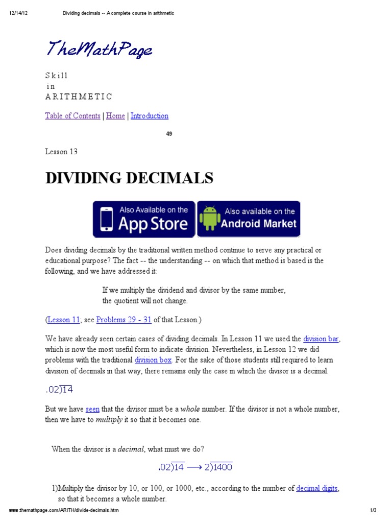 Dividing Decimals PDF | PDF | Division (Mathematics) | Arithmetic