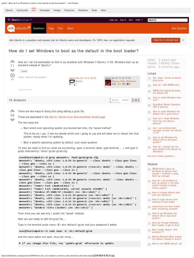 Grub2 - How Do I Set Windows To Boot As The Default | PDF | Booting | Linux