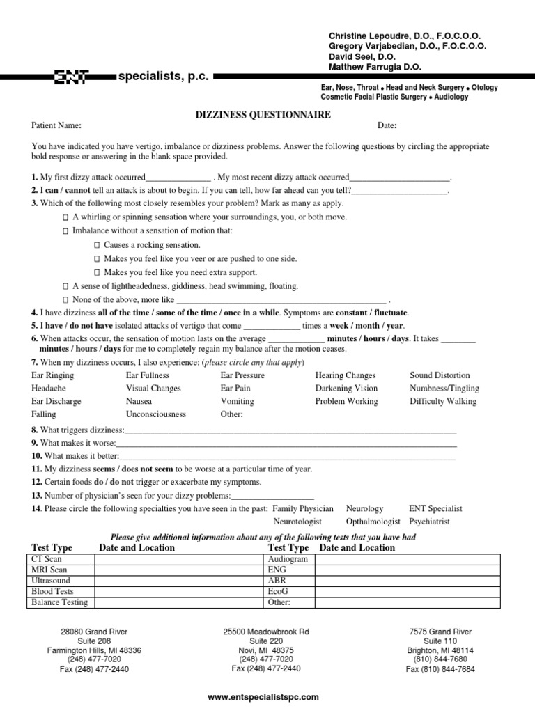 Dizziness Questionnaire | PDF