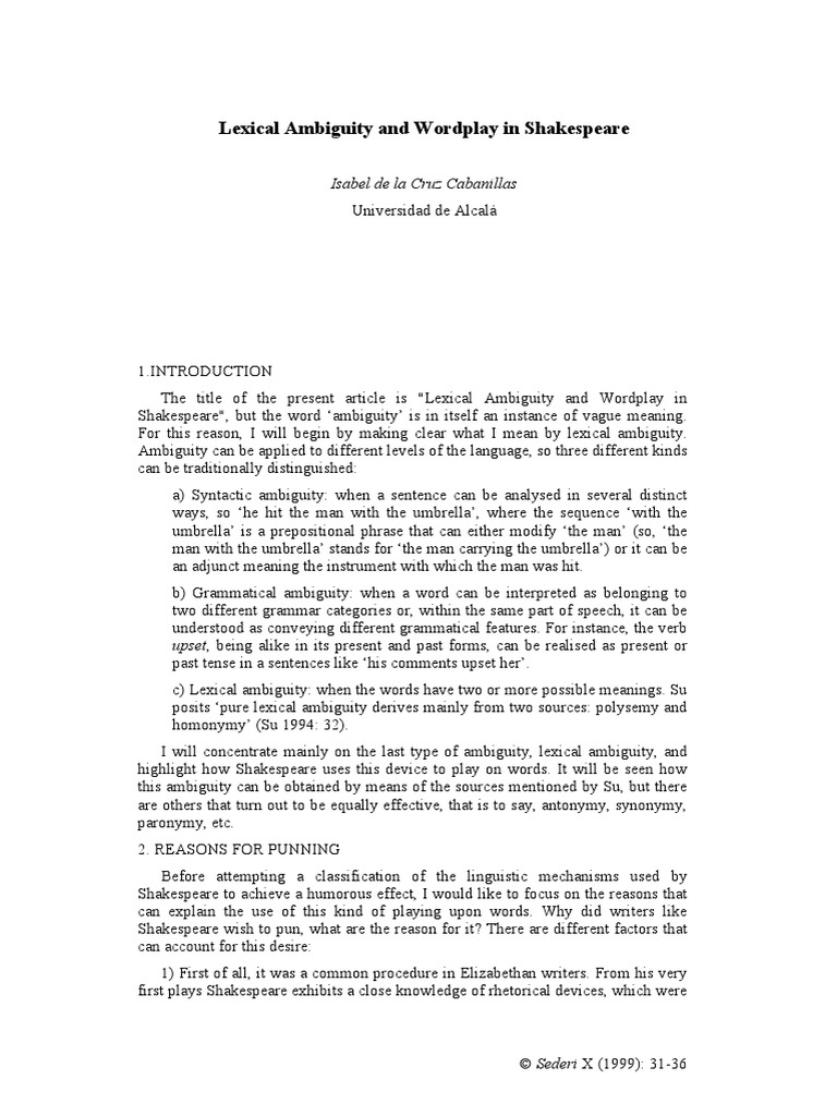 Lexical Ambiguity and Wordplay in Shakespeare | PDF | Ambiguity | Lexicon