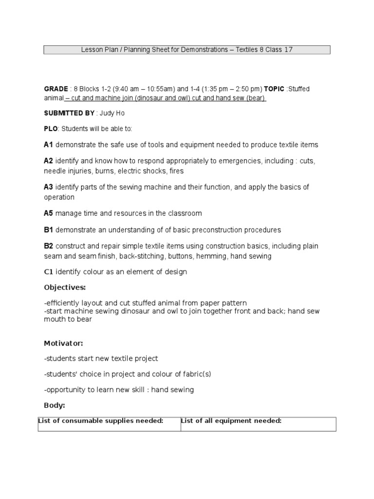 Lesson Plan Textiles 8 Class 17 | PDF | Sewing | Sewing Machine