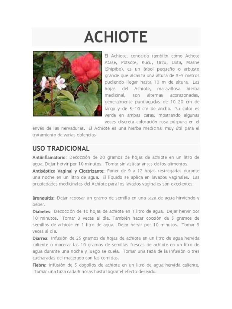 ACHIOTE | PDF | Plantas medicinales | Bienestar