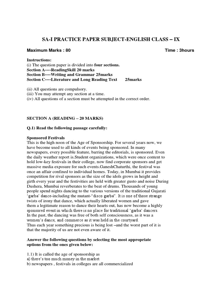 9th Class SA1 English Question Paper 2025 | PDF | Intelligence ...