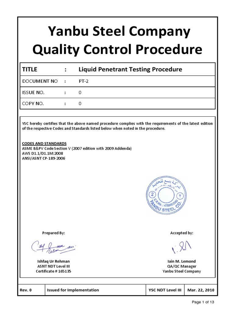 Liquid Penetrant Testing Procedure | PDF | Nondestructive Testing | Welding