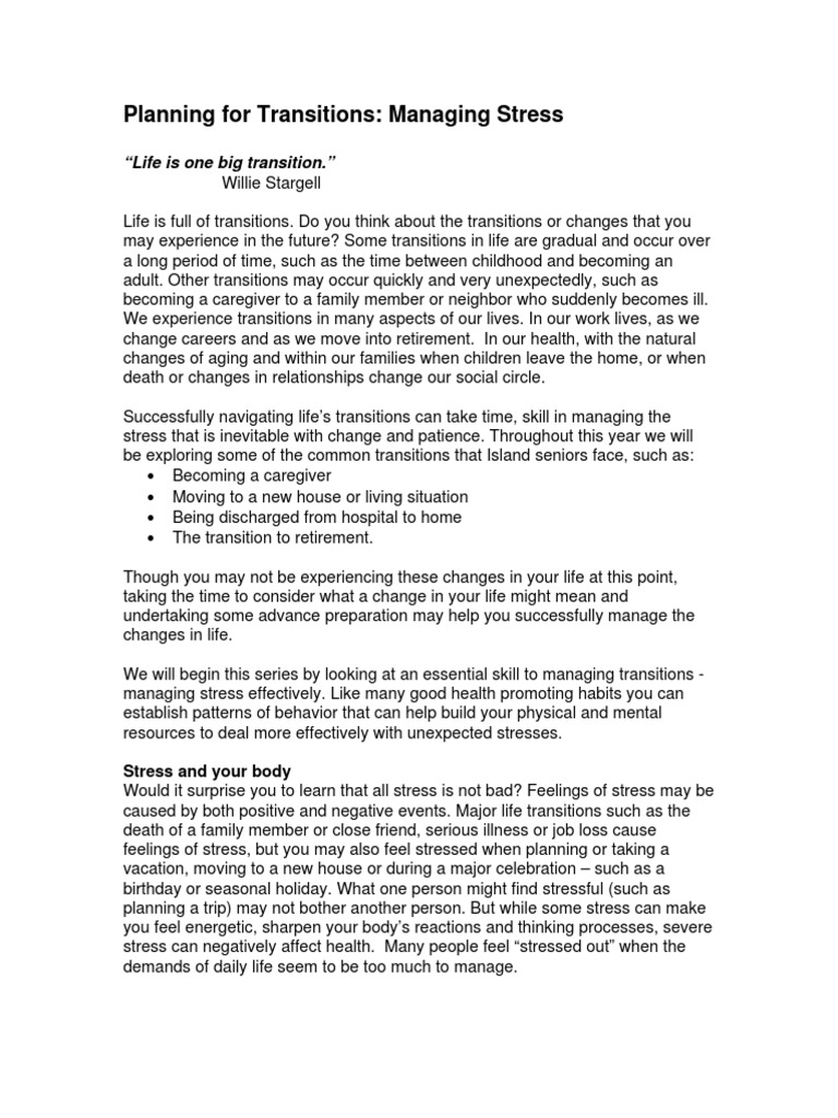 Planning For Transitions: Managing Stress | PDF | Stress (Biology) | Sleep