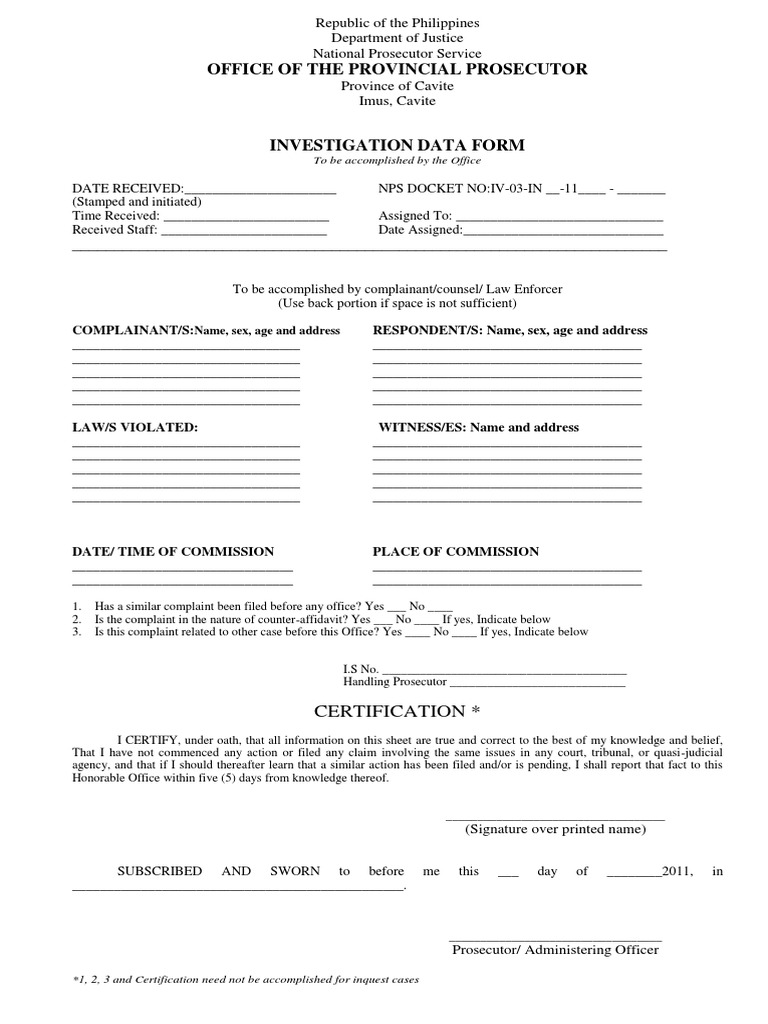 Imus Cavite Investigation Data Form | PDF | Finance & Money Management