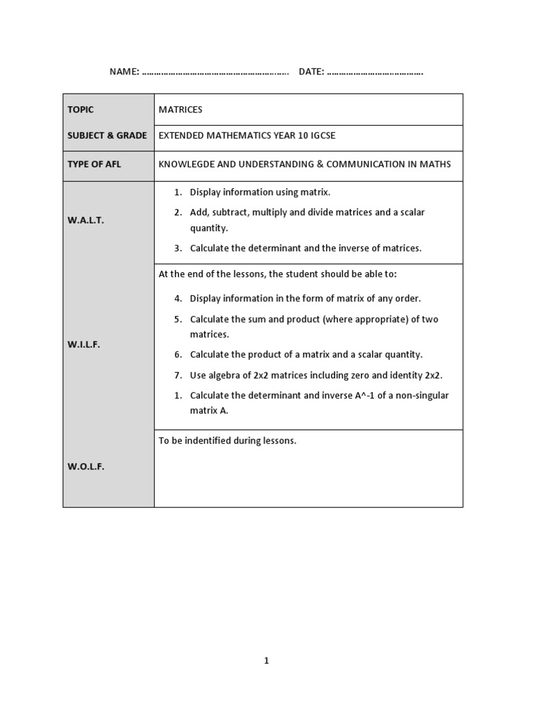 Matrices Notes and Worksheet 1 | PDF | Teaching Methods & Materials ...