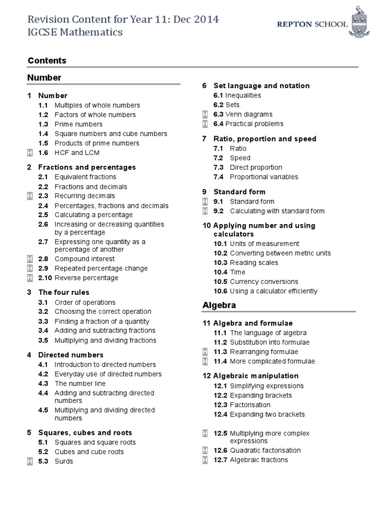 Igcse Maths Year 11 Revision Topics Dec 2014 | PDF | Area ...