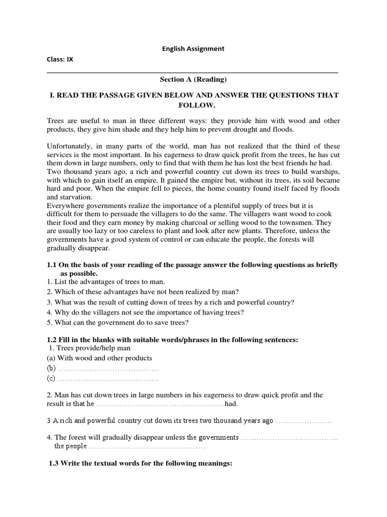 Assignment English Class 9 CBSE | PDF | Ellipsis | Trees