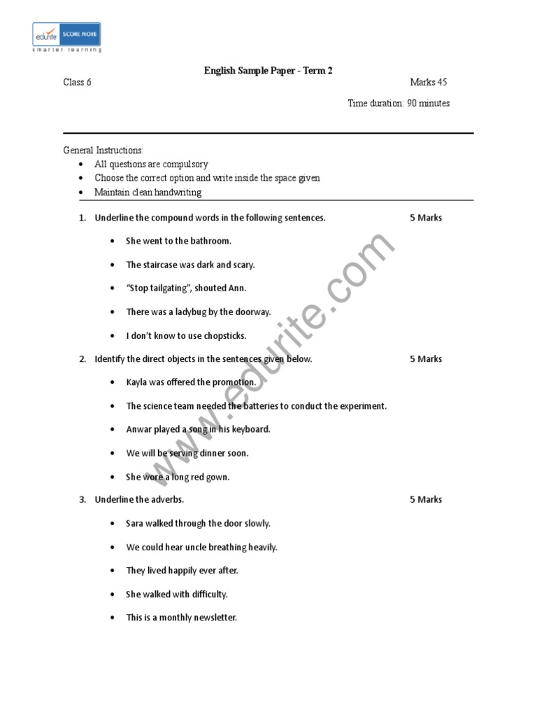 Class 6 ICSE English Sample Paper Term 2 | PDF