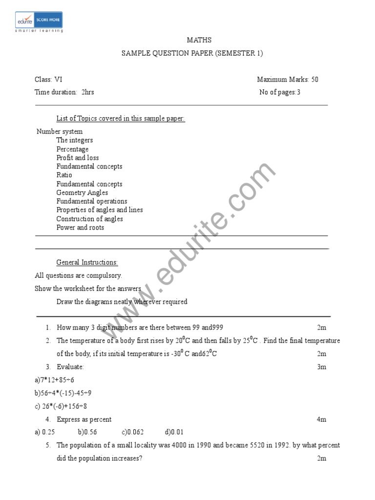 Class 6 ICSE Maths Sample Paper Term 1 Model 1 | PDF