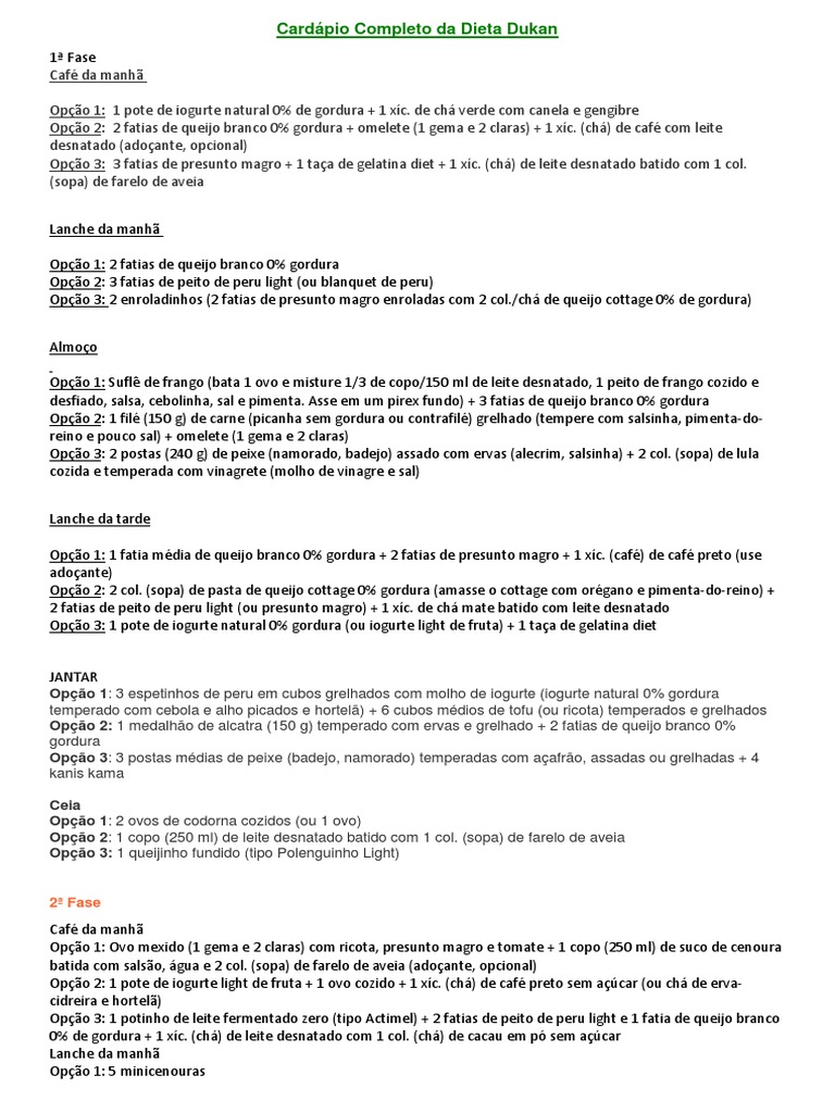 Cardápio Completo Da Dieta Dukan Pdf Queijo Alimentos