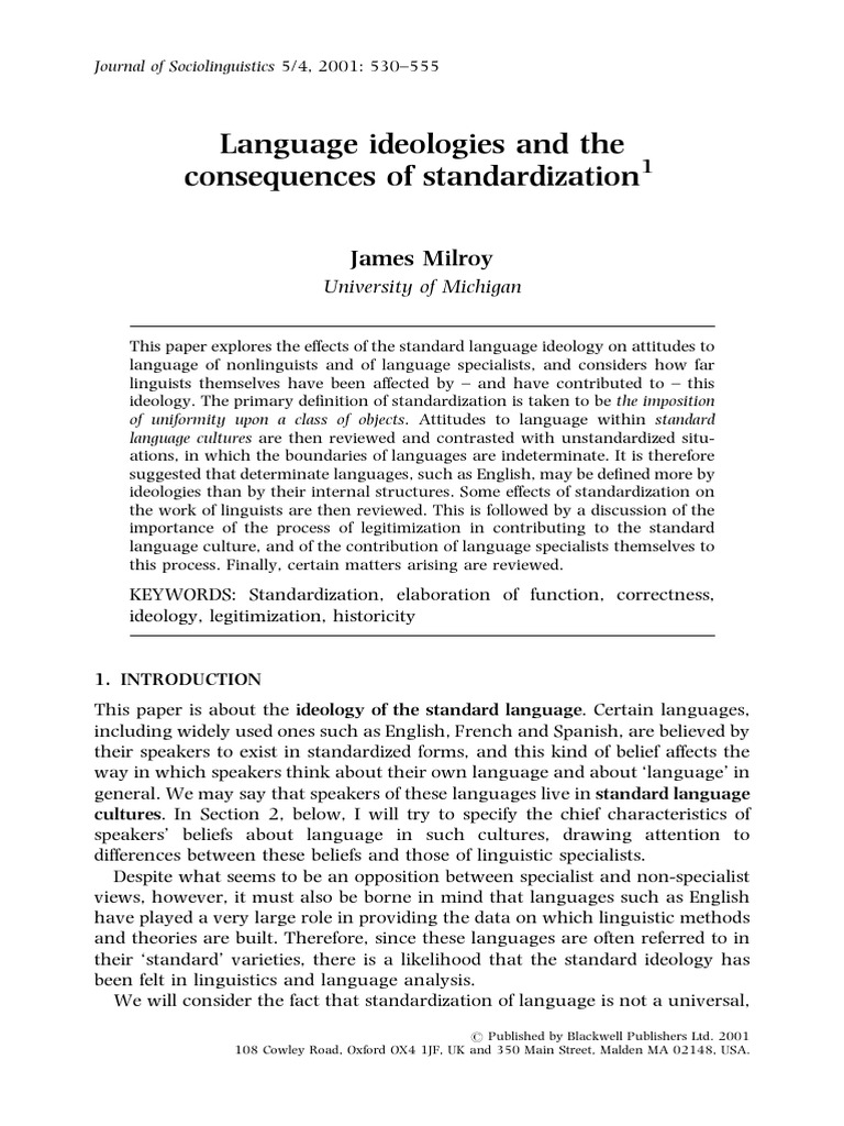 James Milroy. Language Ideology and The Consequences of Standardization ...