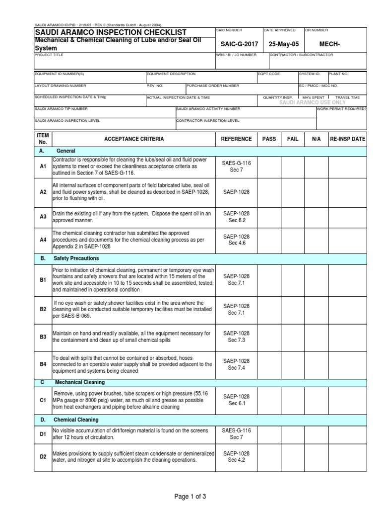 Saudi Aramco Lube Oil Cleaning Checklist | PDF | Valve | Corrosion