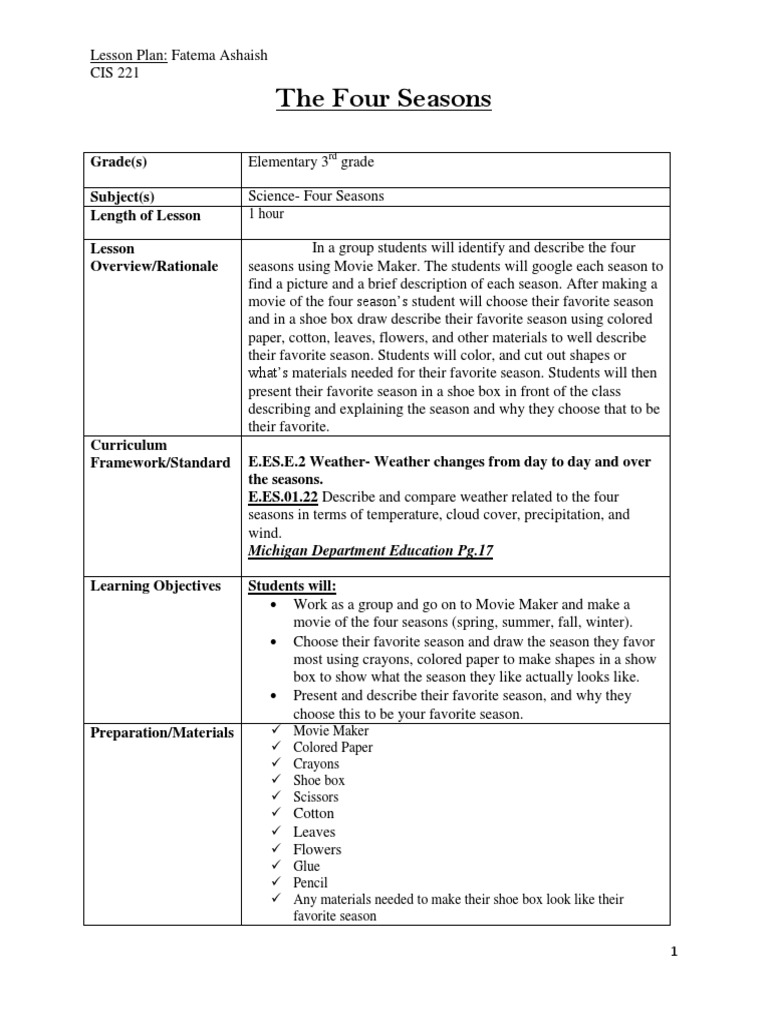 Grade 2 Lesson Plan: The Four Seasons | PDF | Lesson Plan | Education ...