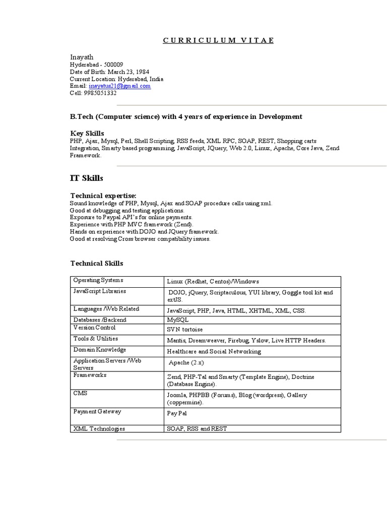 CV: Inayat Sharief Via | PDF | Ajax (Programming) | Php