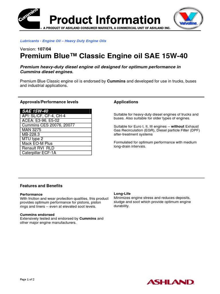 Product Information: Premium Blue™ Classic Engine Oil SAE 15W-40 | PDF ...