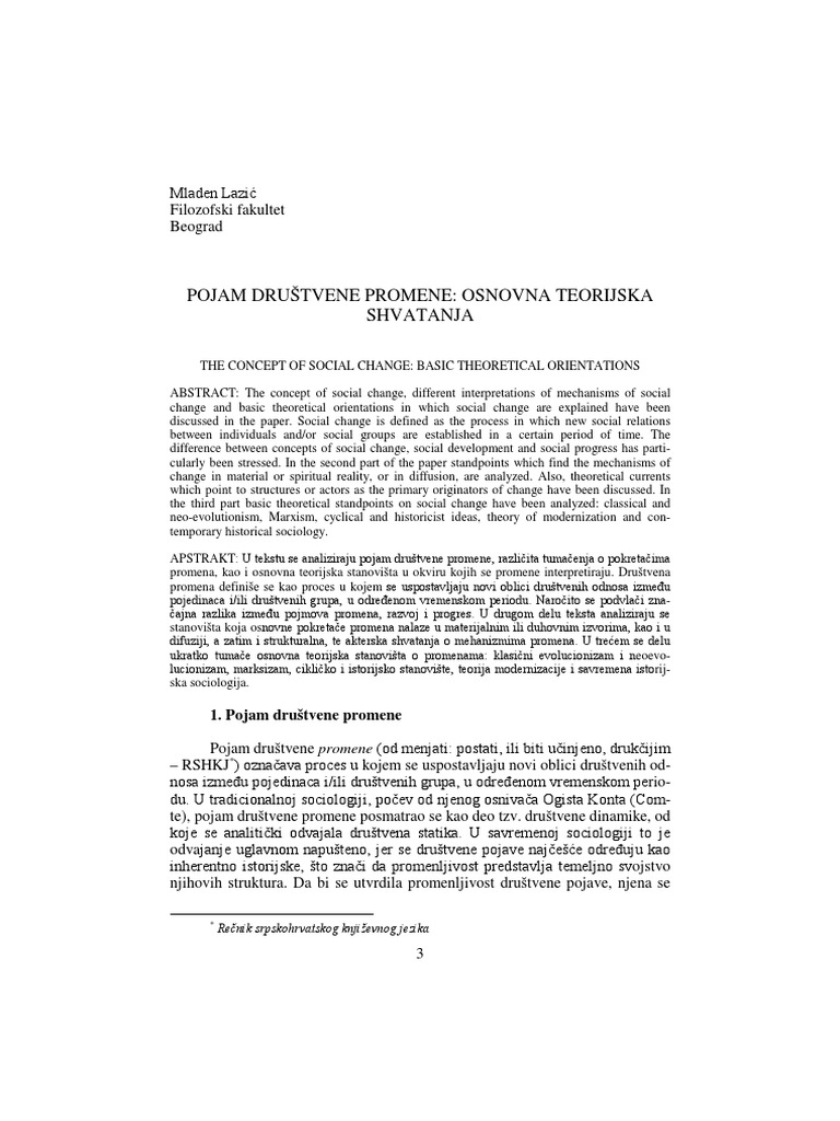 Mladen Lazić, Pojam Drustvene Promene - Osnovna Teorijska Shvatanja | PDF