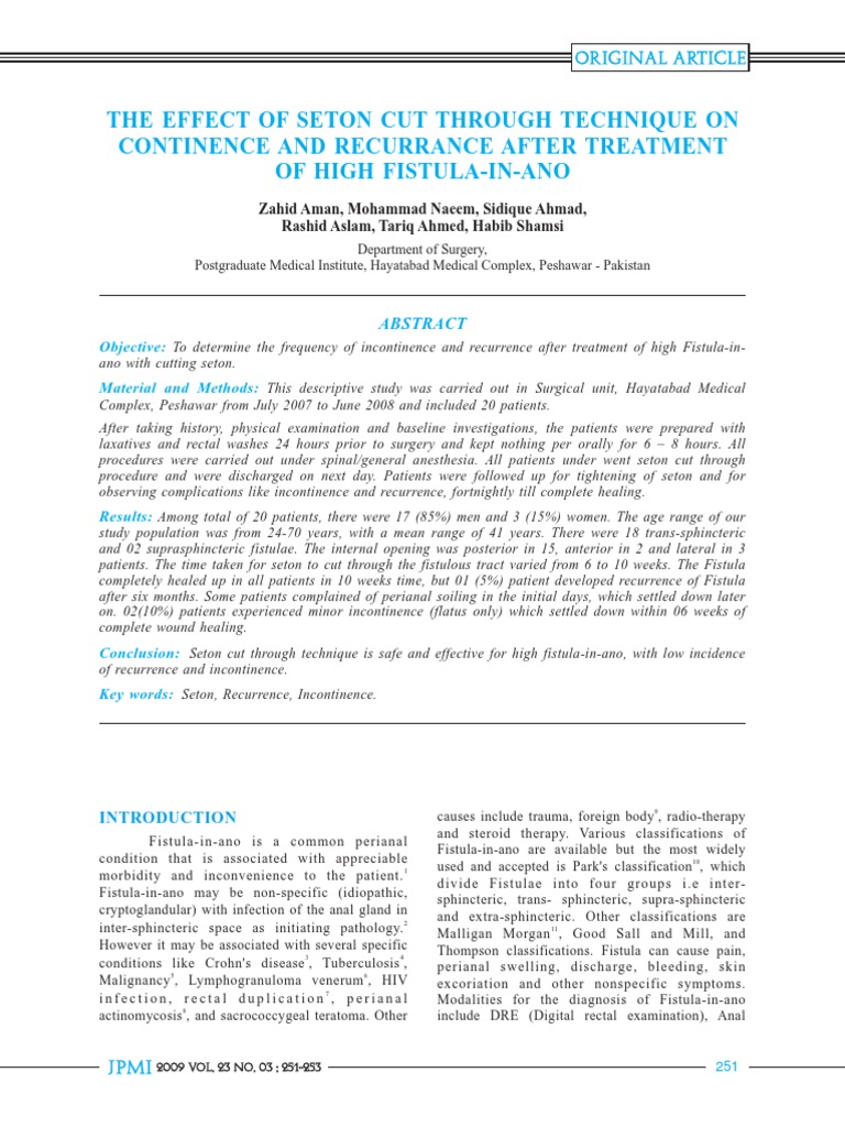 THE EFFECT OF SETON CUT THROUGH TECHNIQUE ON CONTINENCE AND RECURRANCE ...