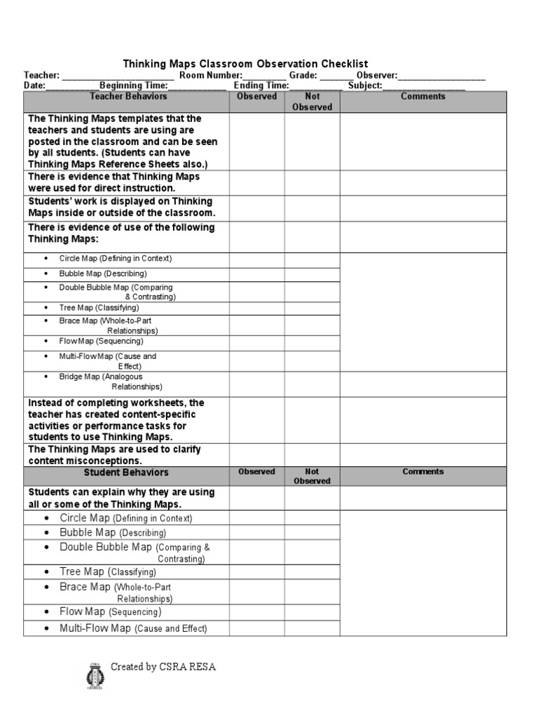 Revised Thinking Maps Classroom Observation Form-1 | PDF | Classroom ...