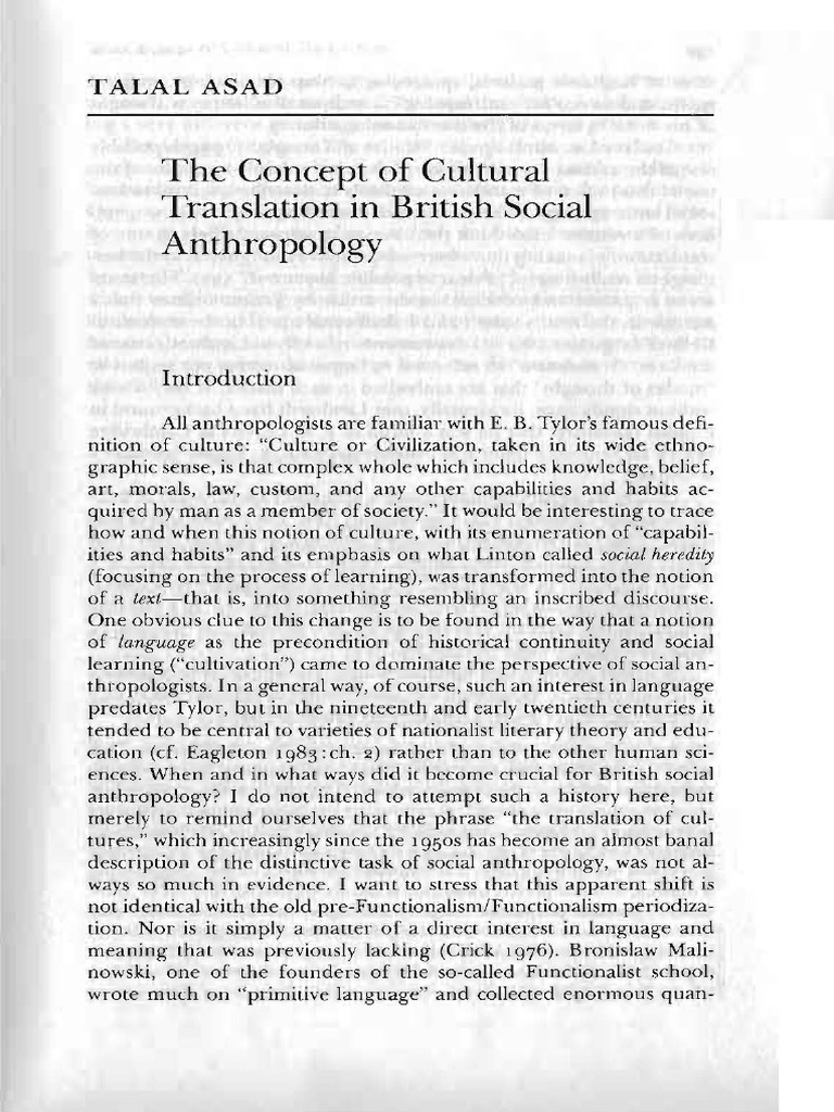 Talal Asad - The Concept of Cultural Translation | PDF | Anthropology ...