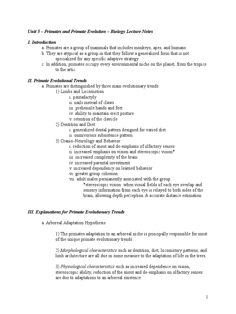 Unit 5 Primates and Primate Evolution Biology Lecture Notes | PDF | Ape ...