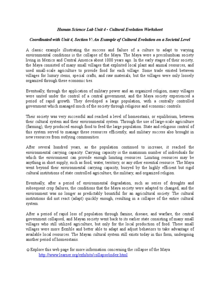 Lab Unit 4 - Cultural Evolution Worksheet | PDF | Sociocultural ...