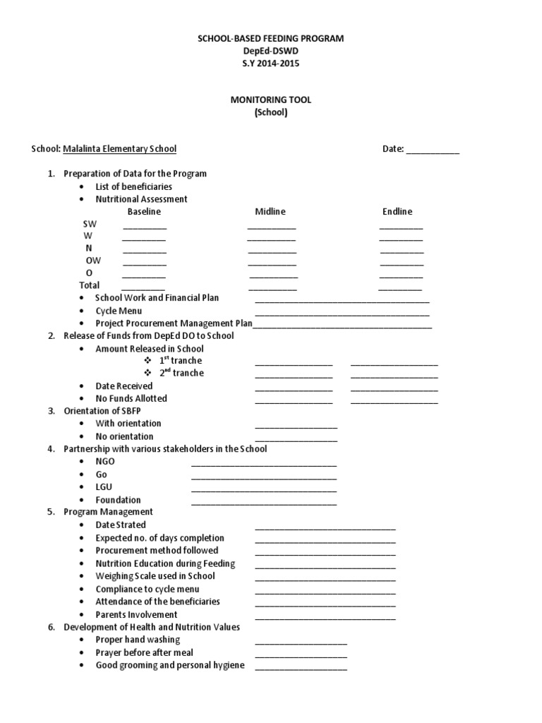 school- based feeding program monitoring tool