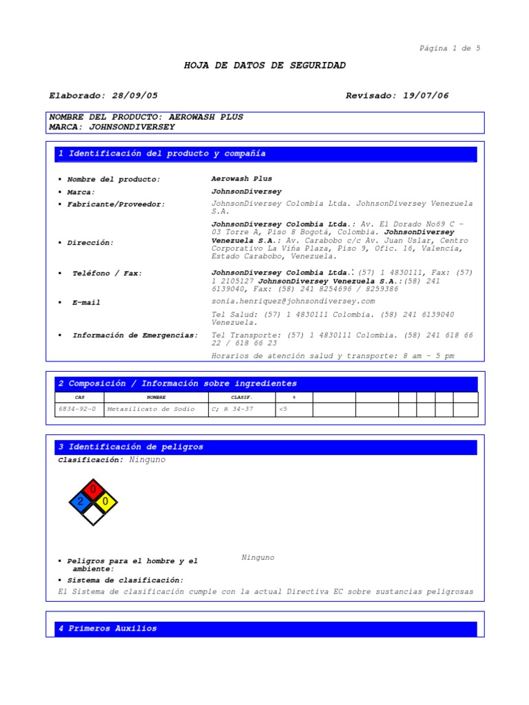MSDS JohnsonDiversey Aerowash Plus | PDF | Agua | Residuos