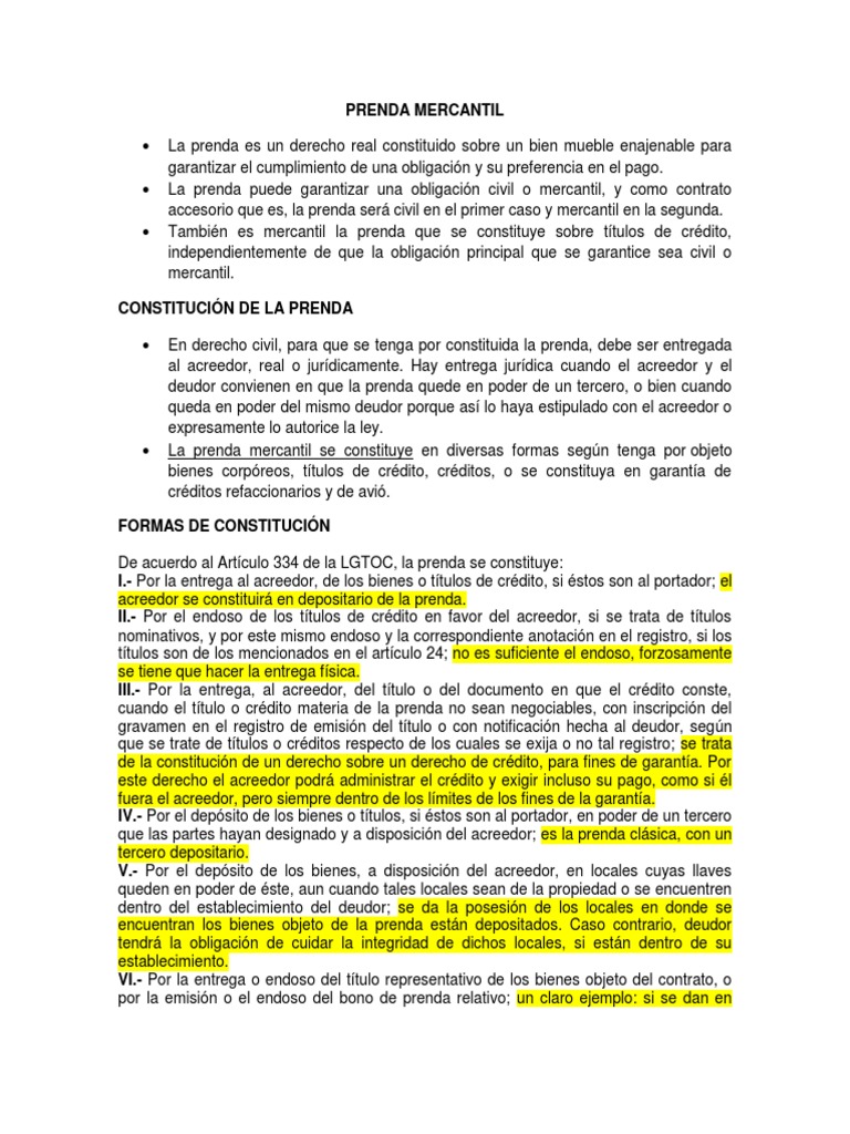 Definición y Tipos de Prenda Mercantil | PDF | Pagos | Instrumento ...