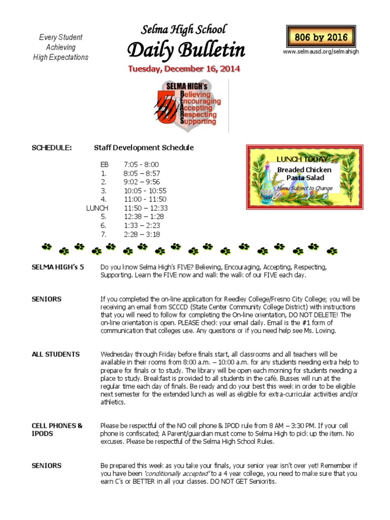 SHS Daily Bulletin 12-16-14 | PDF
