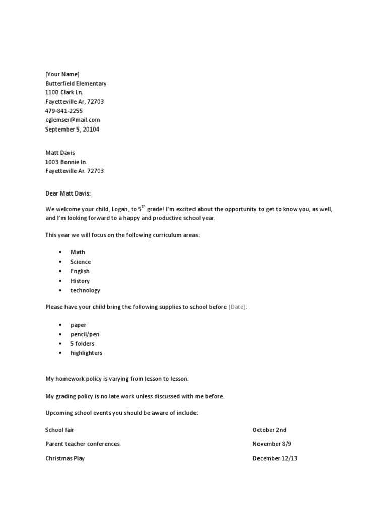 Welcome Letter for 5th Grade Parents | PDF