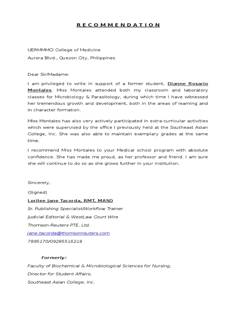 Recommendation Letter | PDF | Medical School | Medicine