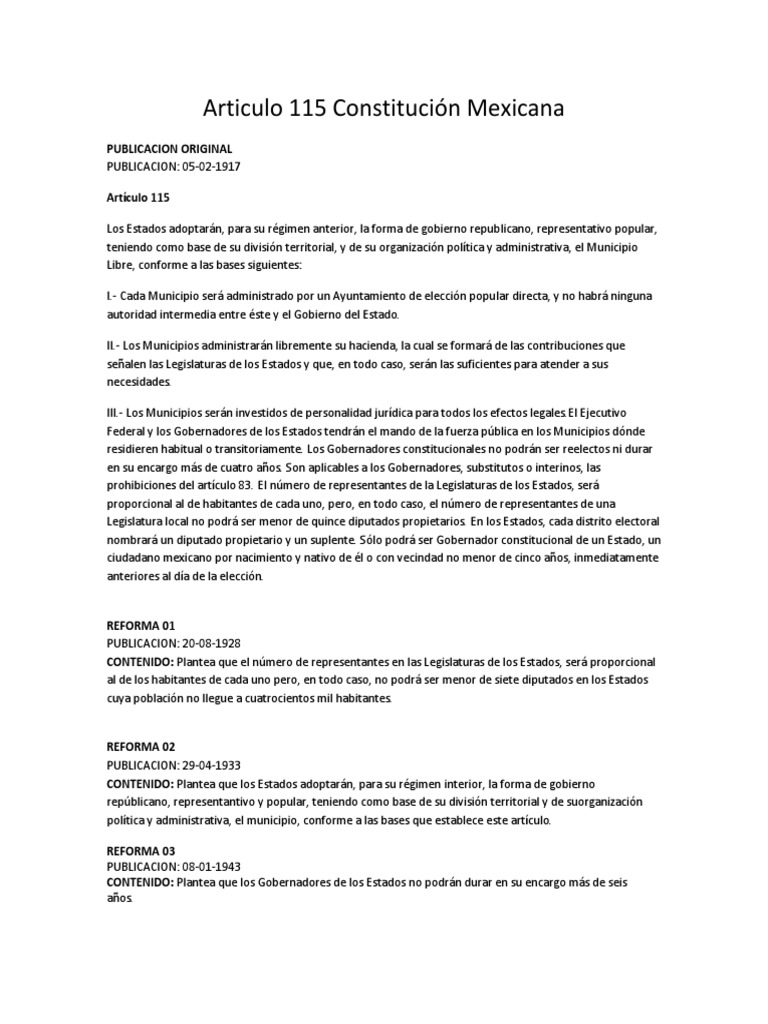 Articulo 115 Constitución Mexicana Reformas | PDF | Estado (política ...