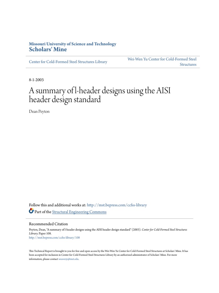 A Summary of L-Header Designs Using The AISI Header Design Standa | PDF ...