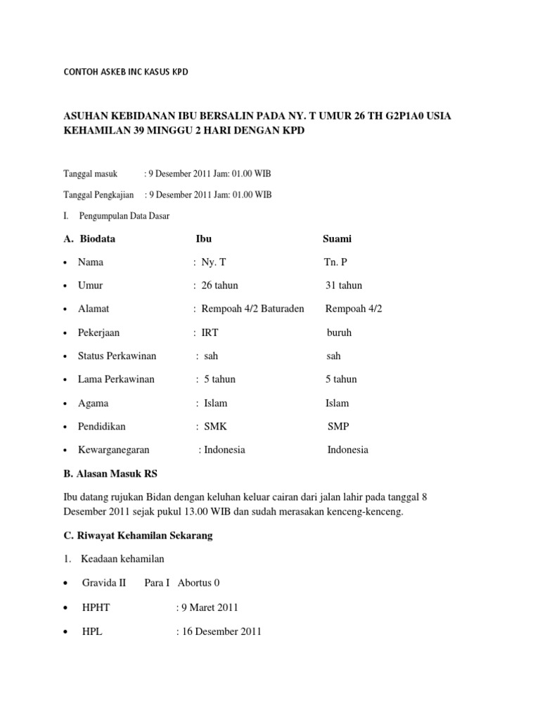 Contoh Askeb Inc Kasus KPD | PDF