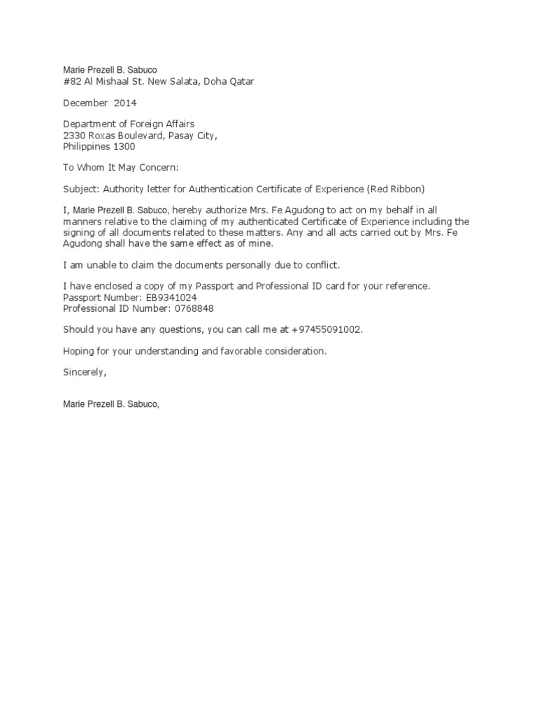 Dfa Authorization Letter For Claiming Authenticated | PDF